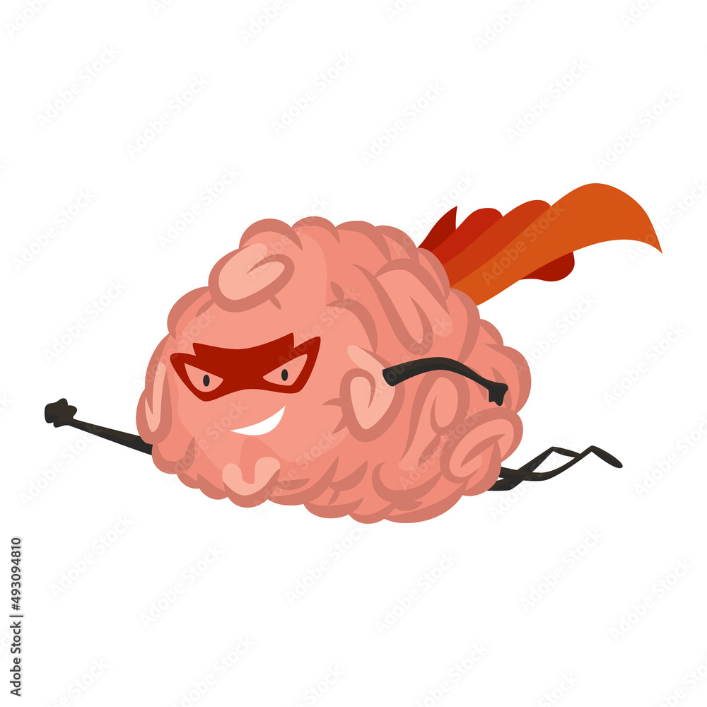 Brain character emotion. Intelligence emoji as superhero. Cute hero ...