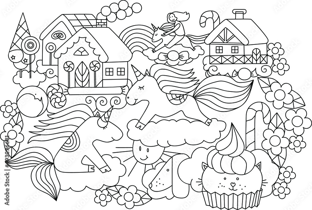 Coloring page with unicorns in sky. Sweet home, lollipops and candy ...