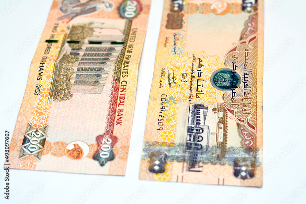 200 AED two hundred Dirhams banknote of United Arab Emirates, obverse ...