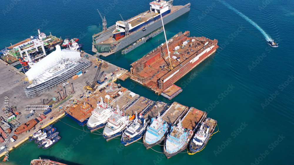 Aerial drone photo of shipyard in old port of Salamina island place ...
