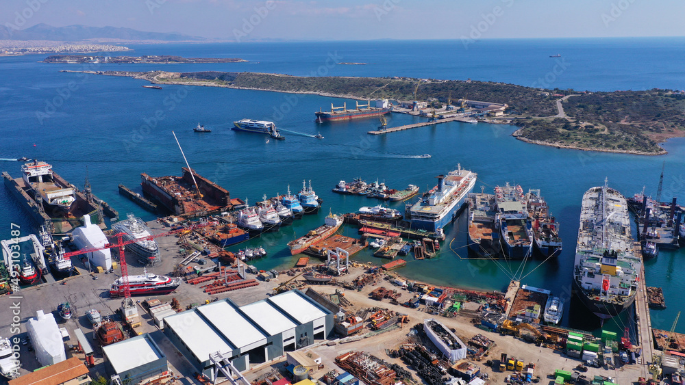 Aerial drone photo of shipyard in old port of Salamina island place ...