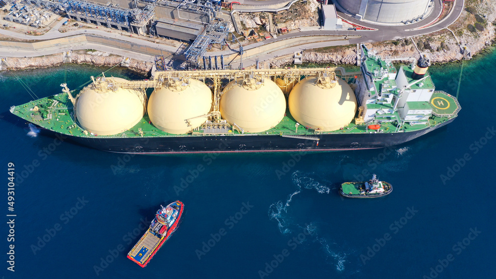 Aerial drone photo of LNG (Liquified Natural Gas) tanker anchored in ...