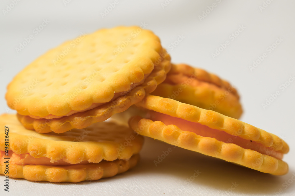 Cheese-flavored biscuits, photo from the top corner, isolated on a ...