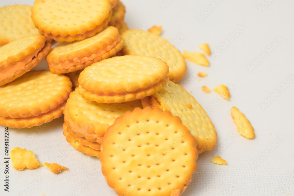 Cheese-flavored biscuits, photo from the top corner, isolated on a ...