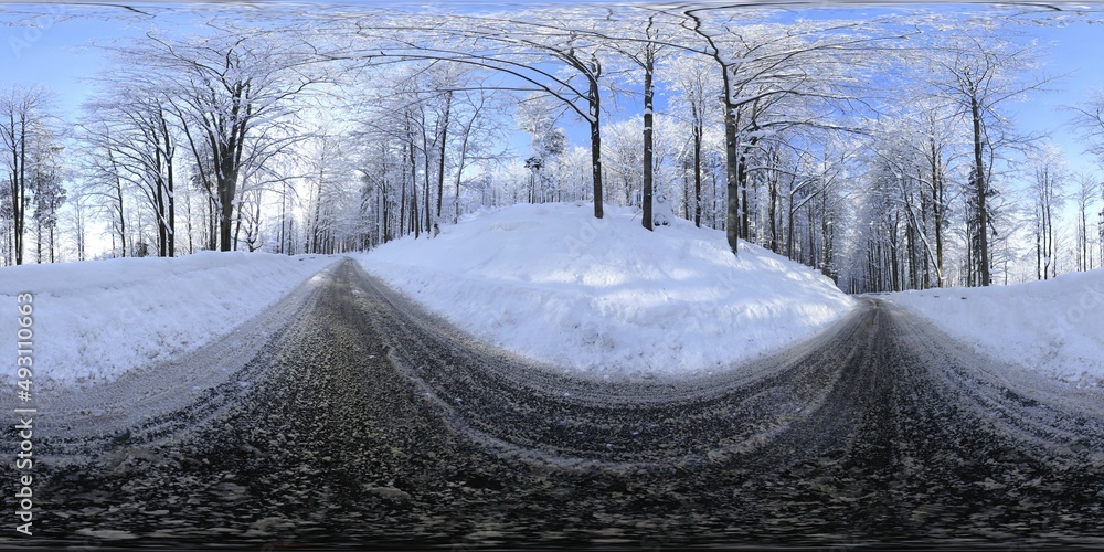 Winter road in the forest covered with snow, HDRI Panorama Stock Photo ...