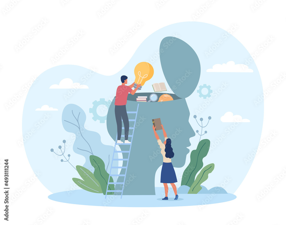 Human head concept. Man and girl evaluate knowledge. Characters examine ...