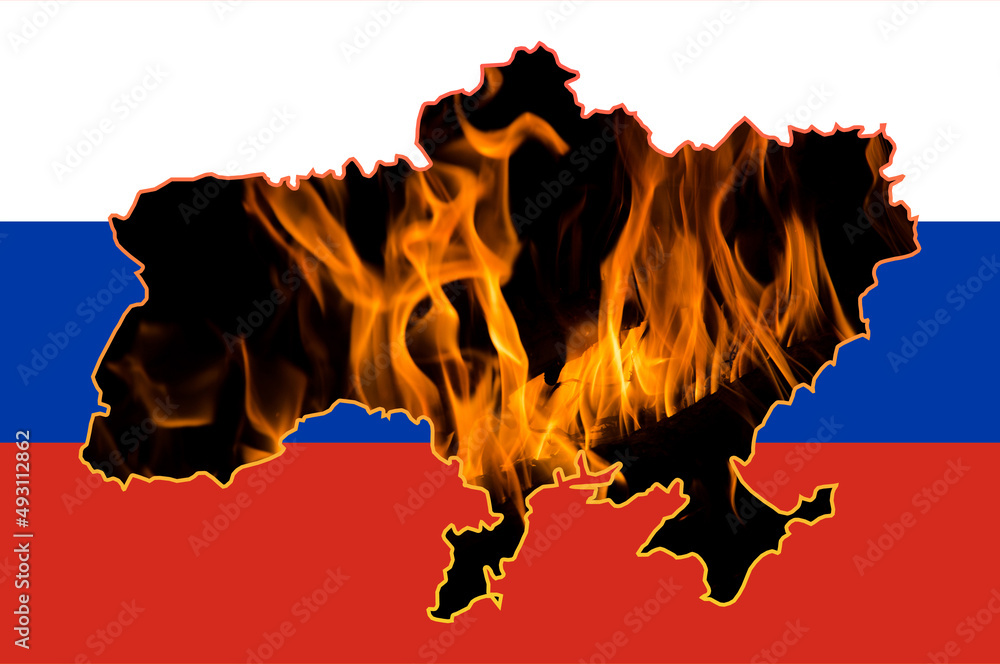 Map of Ukraine on fire. Outline map of Ukraine on the background of the ...