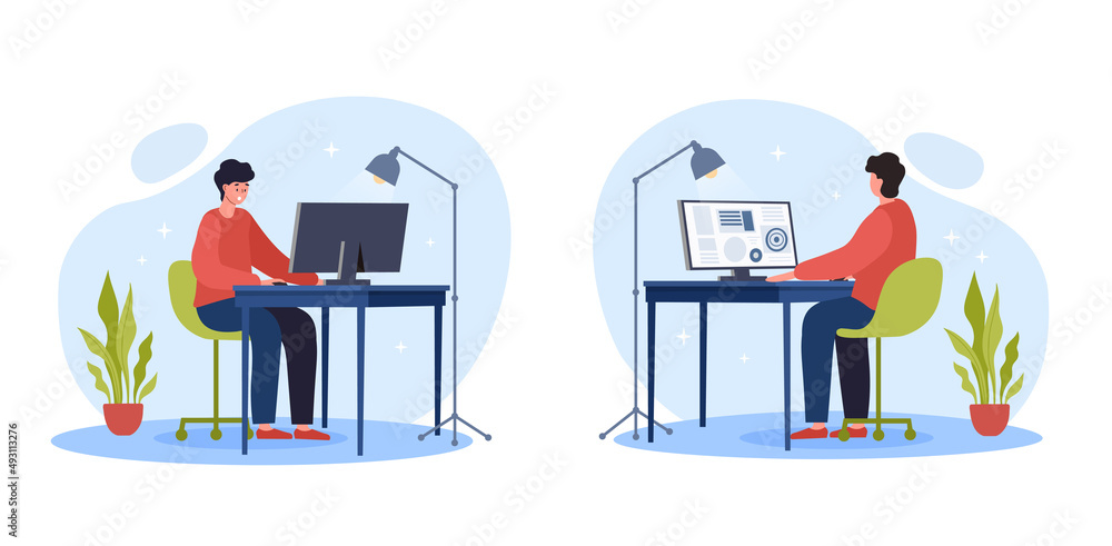 Work on computer. Programmer and freelancer, workplace employee. Modern ...