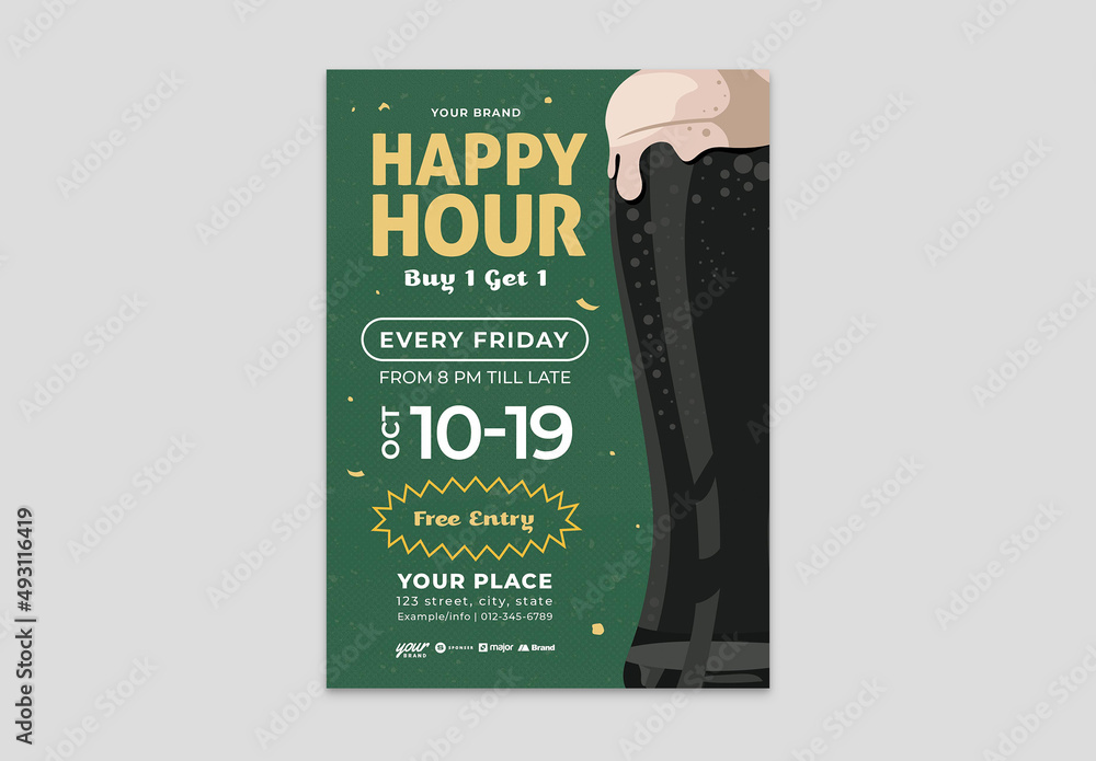 Green Happy Hour Stout Beer Promotion Flyer Poster Stock Template ...