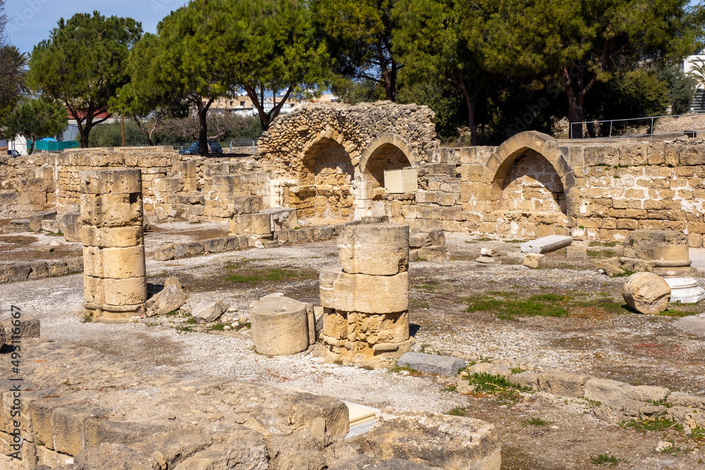 Archaeological site in Cyprus. Remains of ancient buildings and columns ...