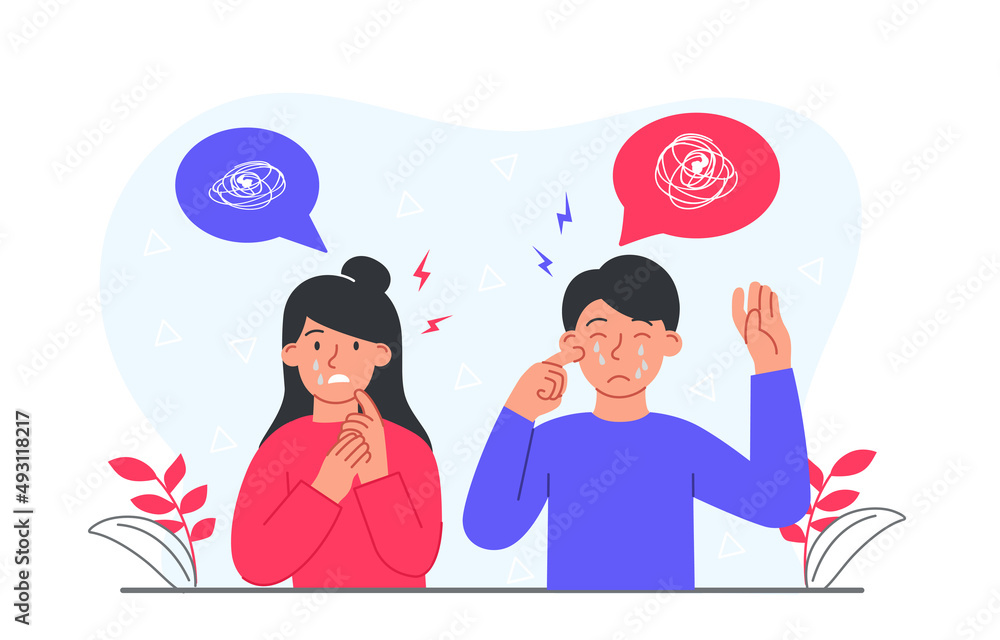 Mental disorder concept. Man and girl in tears, confused people. Mental ...