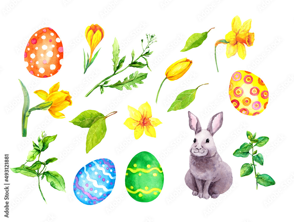 Easter set - bunny, eggs, spring flowers, green grass and flowers ...