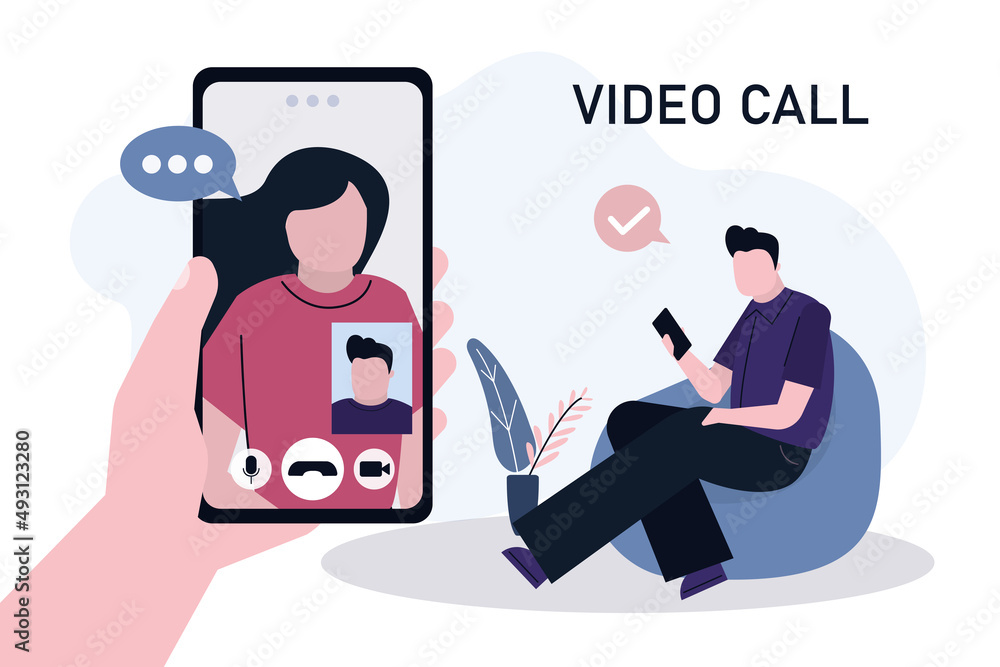 Cartoon man video call cute girl. Communication and conversations on ...