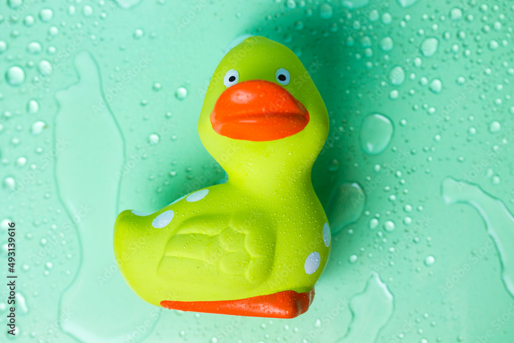 Bright green toy rubber duck for bathing and showering on lettuce ...