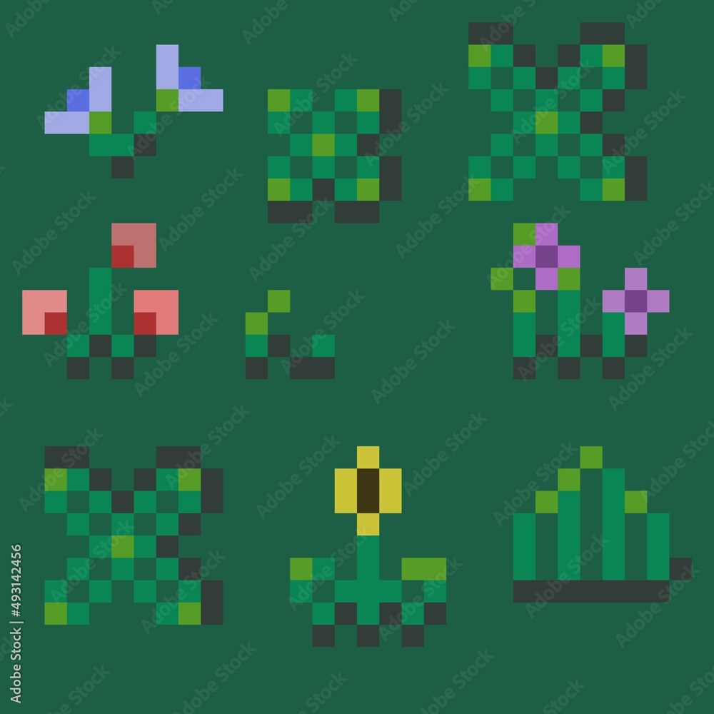 Pixel art green grass and flowers. Green grass background, wallpaper or ...