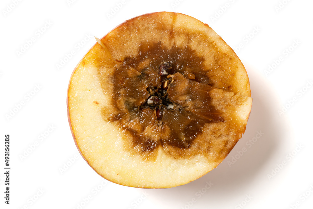top view overripe apple with badly rotten core on white background ...