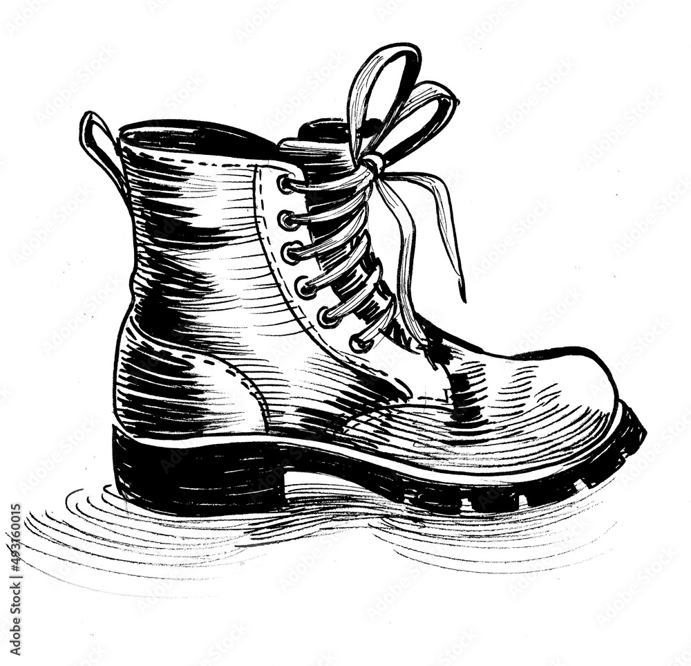 Old leather boot. Ink black and white drawing Stock Illustration ...
