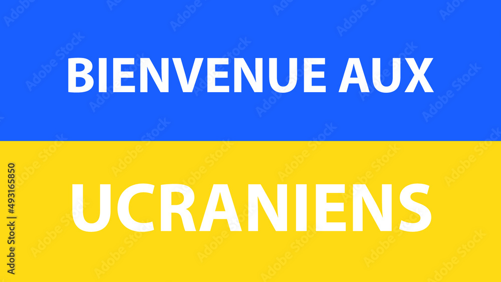FLAG OF UKRAINE WITH THE PHRASE WELCOME UKRAINIANS IN FRENCH Stock ...