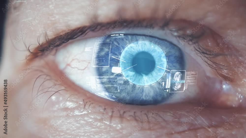 Eye close up iris retina red laser bar Biometric scans, revealing ...