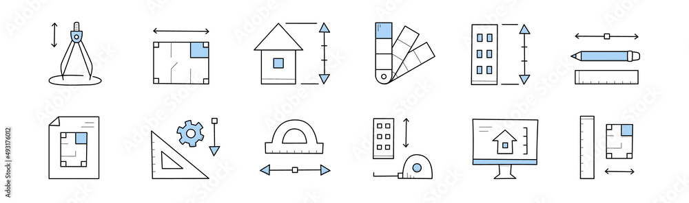Set architect doodle icons, building project, compass, architecture ...