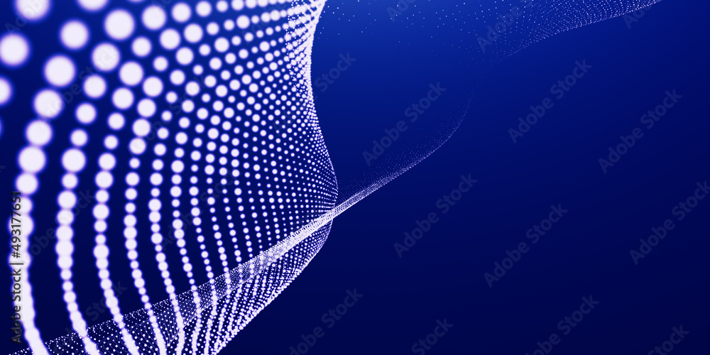 Abstract colorful digital particles wave with bokeh and light background, 3d render wave line ...