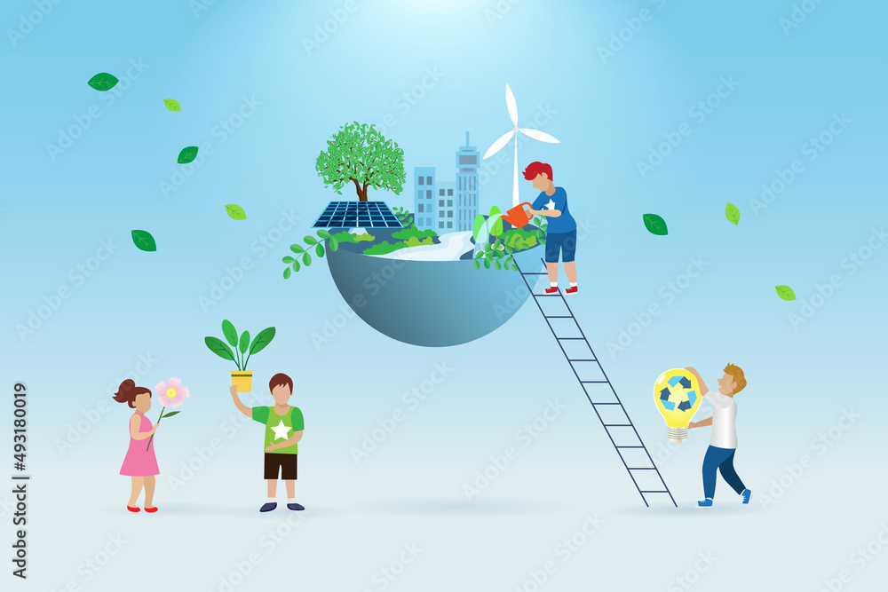 Children with virtual environmental friendly world. Earth day concept ...