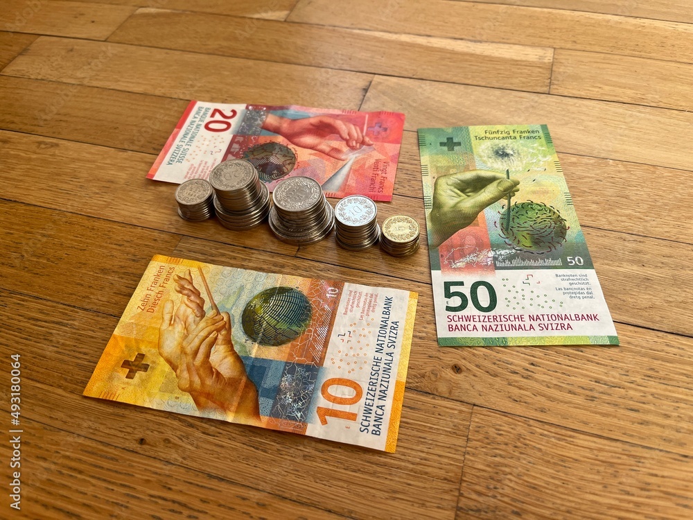 National currency of Switzerland of different denomination. Swiss ...