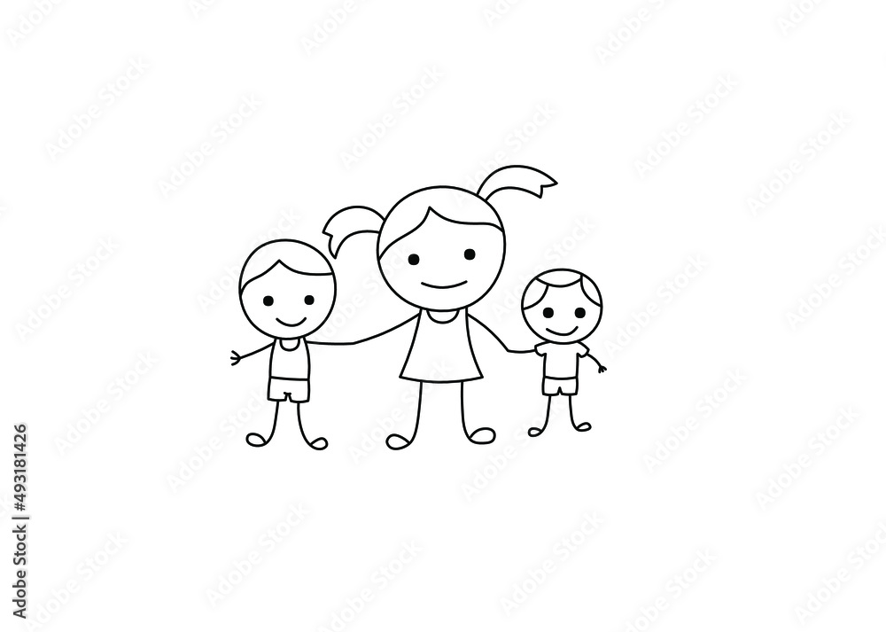 Vector isolated cute cartoon three children holding hands colorless ...
