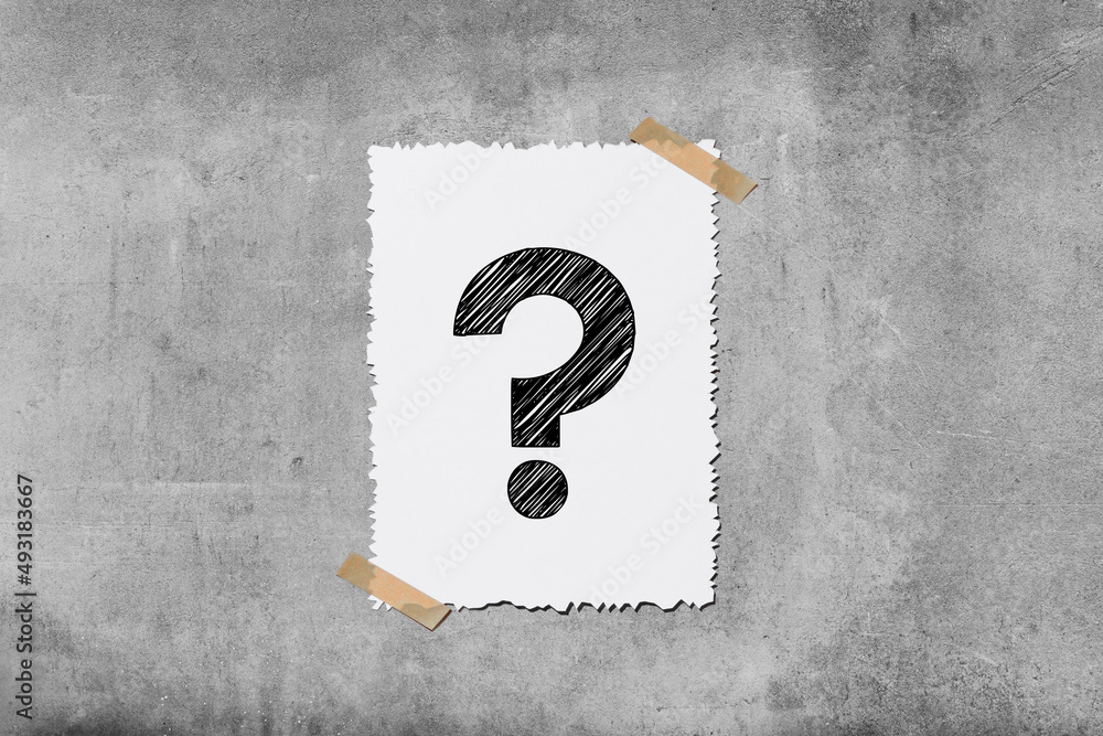 Note paper with question mark on textured concrete wall background ...