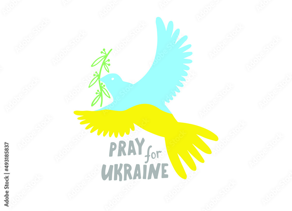 Pray for Ukraine blue-yellow peace dove with a branch of laurel in its ...