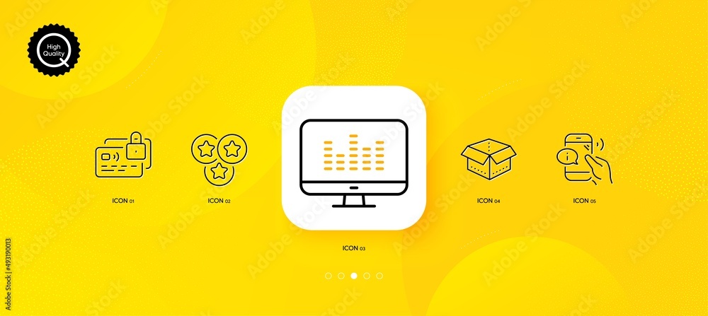Stars, Call center and Music making minimal line icons. Yellow abstract background. Open box ...