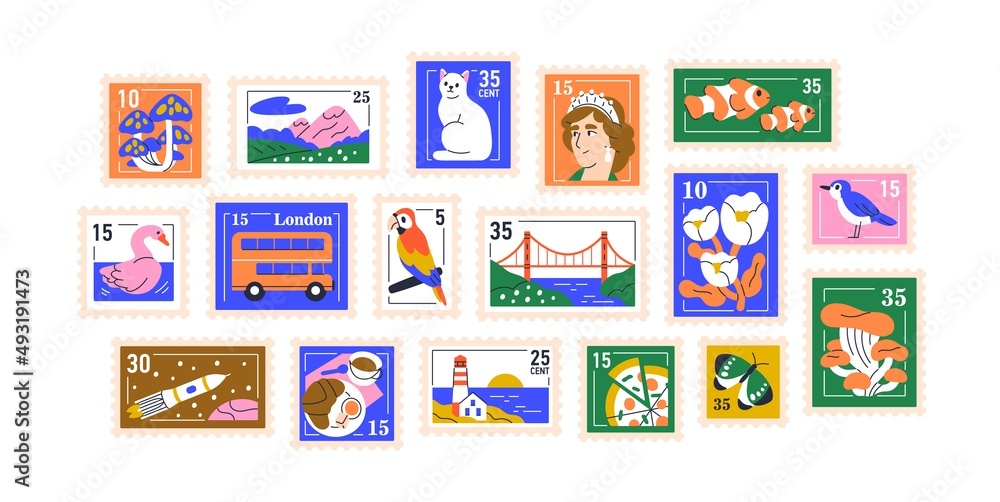 Postage stamps set. Post marks designs with perforation frame. Paper ...