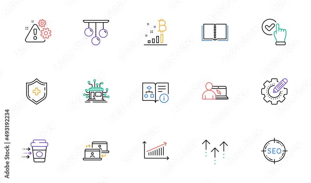 Bitcoin graph, Checkbox and Settings gear line icons for website, printing. Collection of Swipe ...