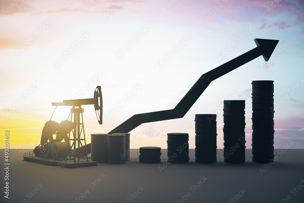 Growing backlit oil price chart on sky backdrop with arrow and mock up ...