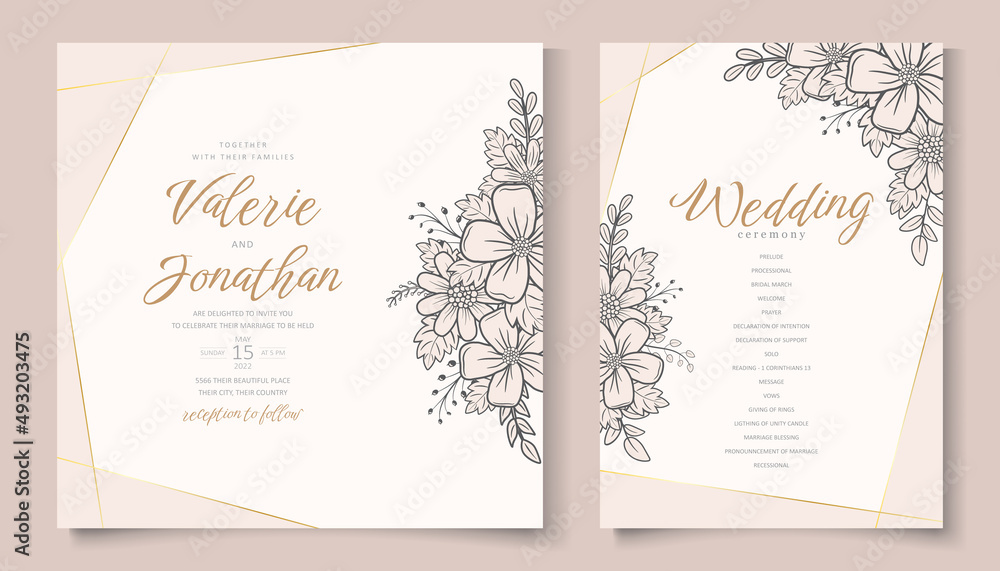 Wedding invitation template with floral outline decoration Stock Vector ...