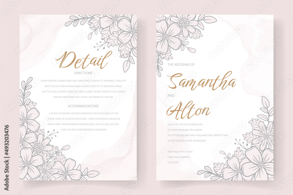 Wedding invitation template with floral outline decoration Stock Vector ...