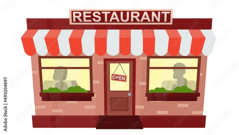 Restaurant building. Animation of a cafe with customers, alpha channel ...