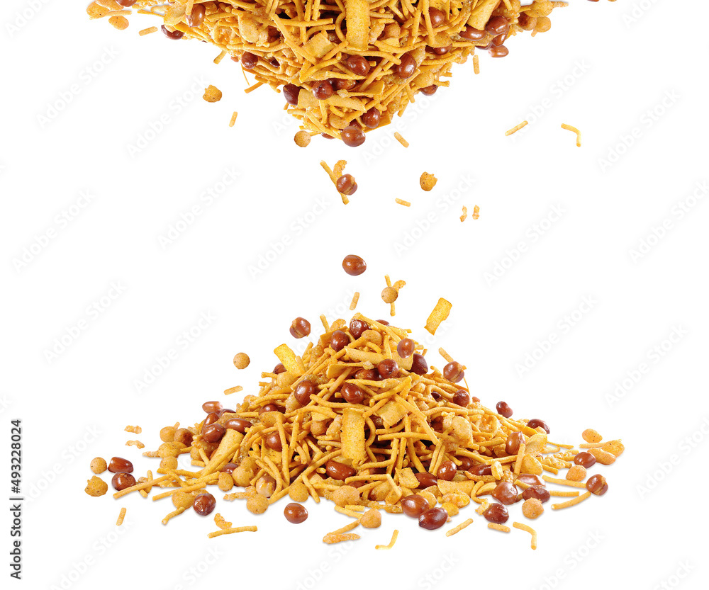 Falling Chanachur food on a white background. Mixed Chana Chur with ...