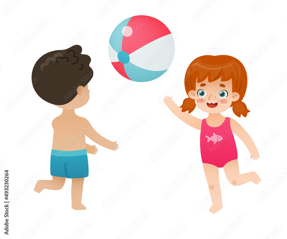 Cartoon children playing with inflatable ball. Kids throwing beach ball ...