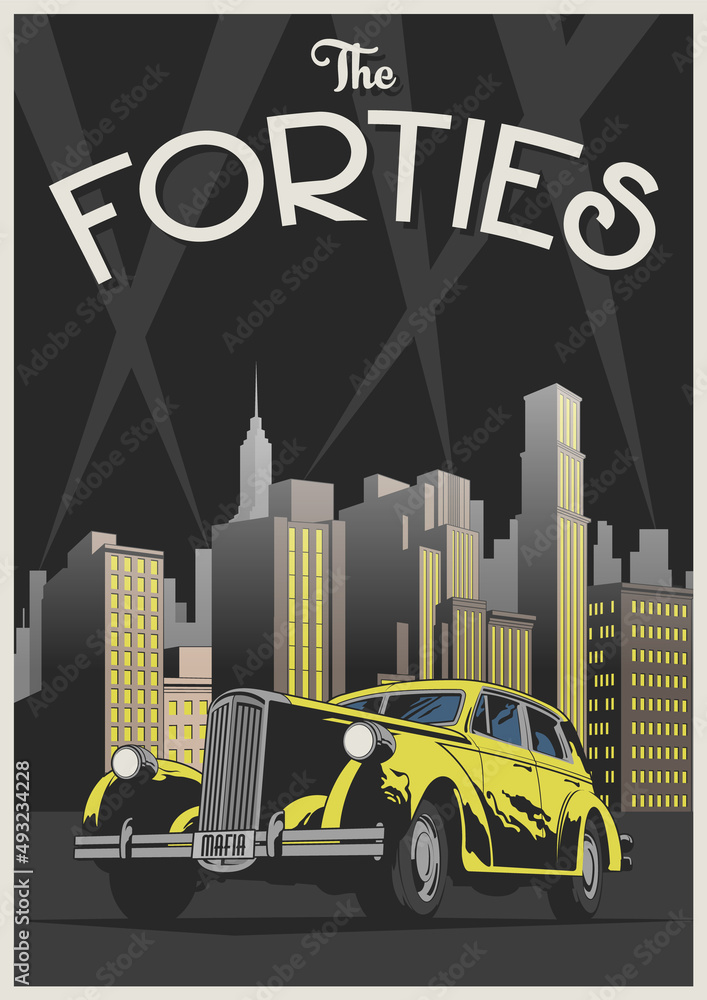 1940s Style Retro Car Poster. Forties Stile Illustration Stock Vector ...