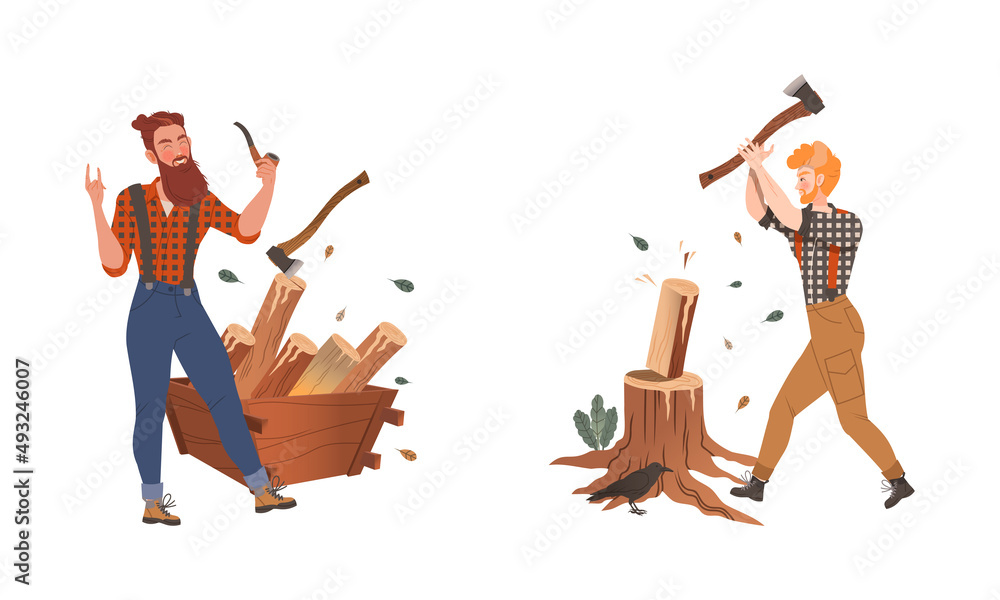 Lumberjacks cutting trees with axe set. Logging industry workers in ...