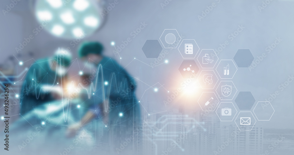 Double exposure group of doctor surgery team in operater room ...