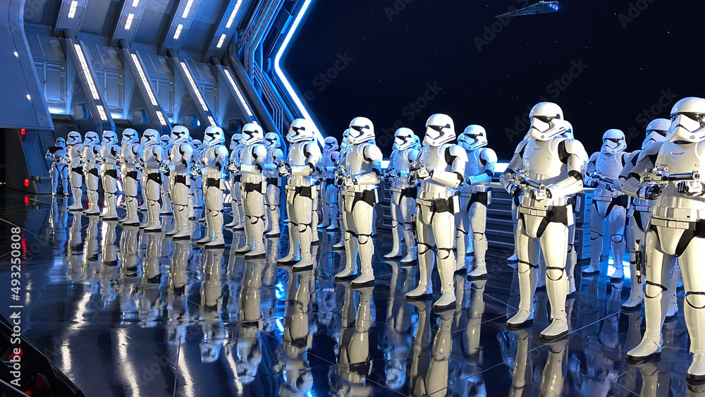Storm Troopers at the Rise of the Resistance Star Wars ride Stock Photo ...