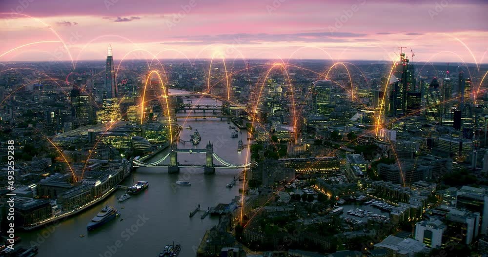Orange Lines Connecting London. Aerial View Of Connected City. Arch ...