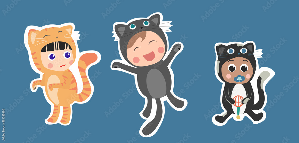 Vetor De Cute Costume Cat Sticker Collection Set Cartoon Style Flat