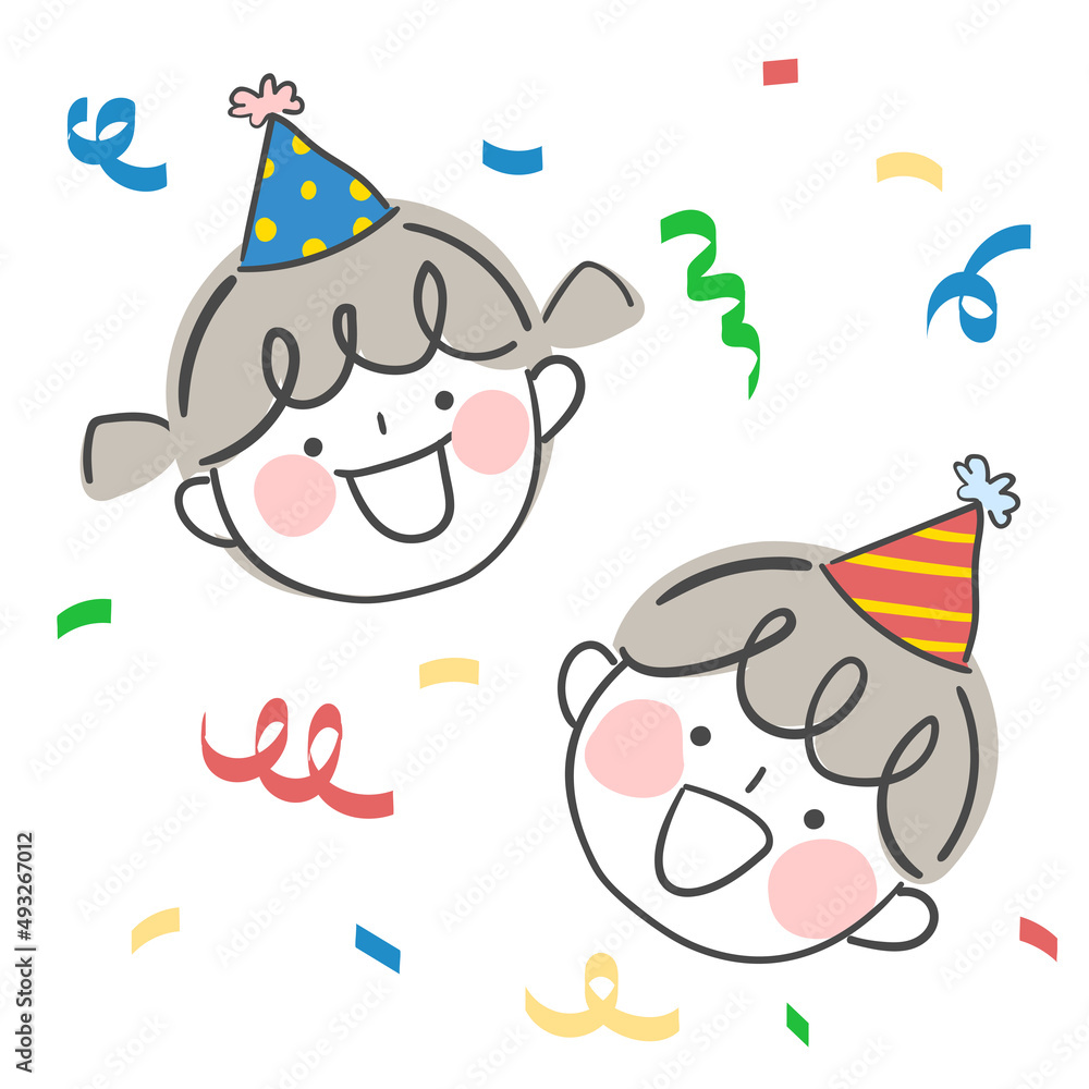 아이 일러스트_생일날 꼬깔모자를 쓴 아이들 Stock 벡터 | Adobe Stock