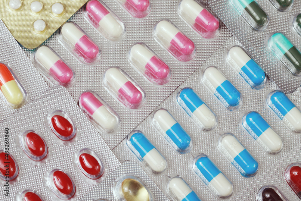 close up pharmaceuticals antibiotics pills medicine in blister packs ...