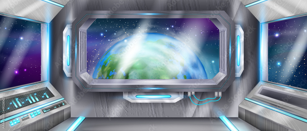 Space ship cockpit interior, vector futuristic alien spacecraft ...