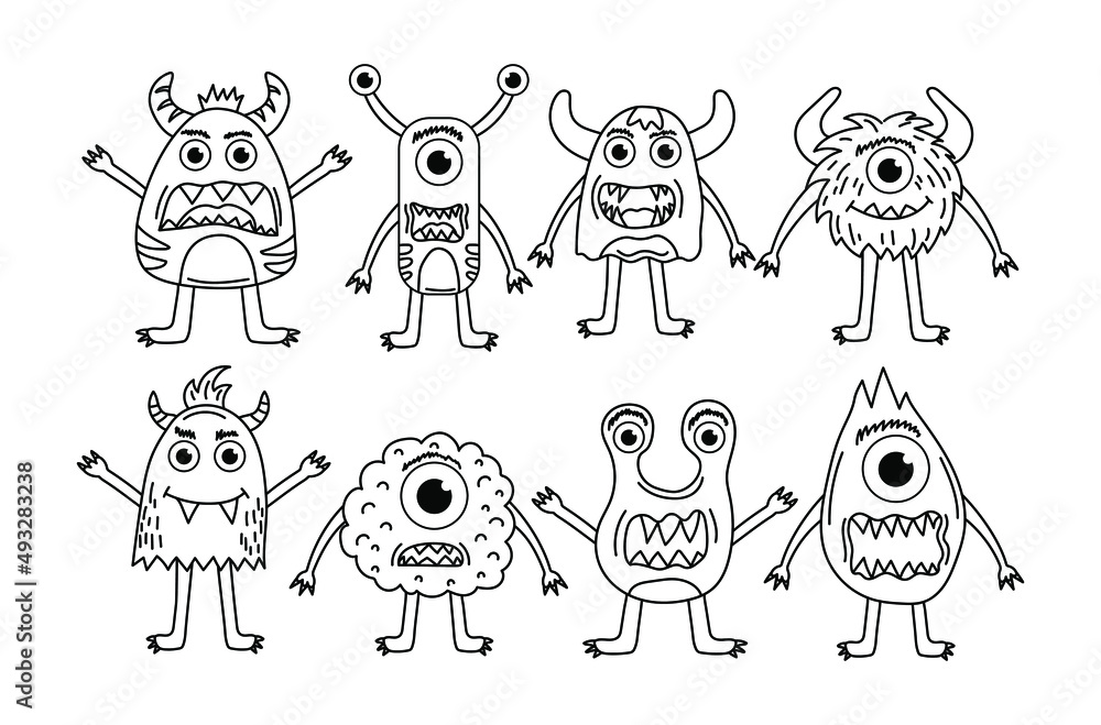 Set of cute monsters for coloring pages. Vector line aliens. Collection ...