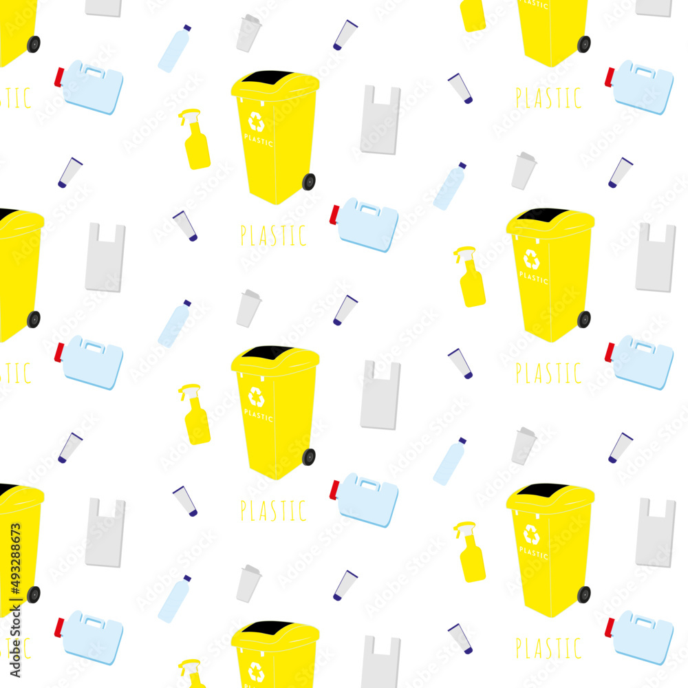 Pattern of plastic objects for recycling with container marked for ...